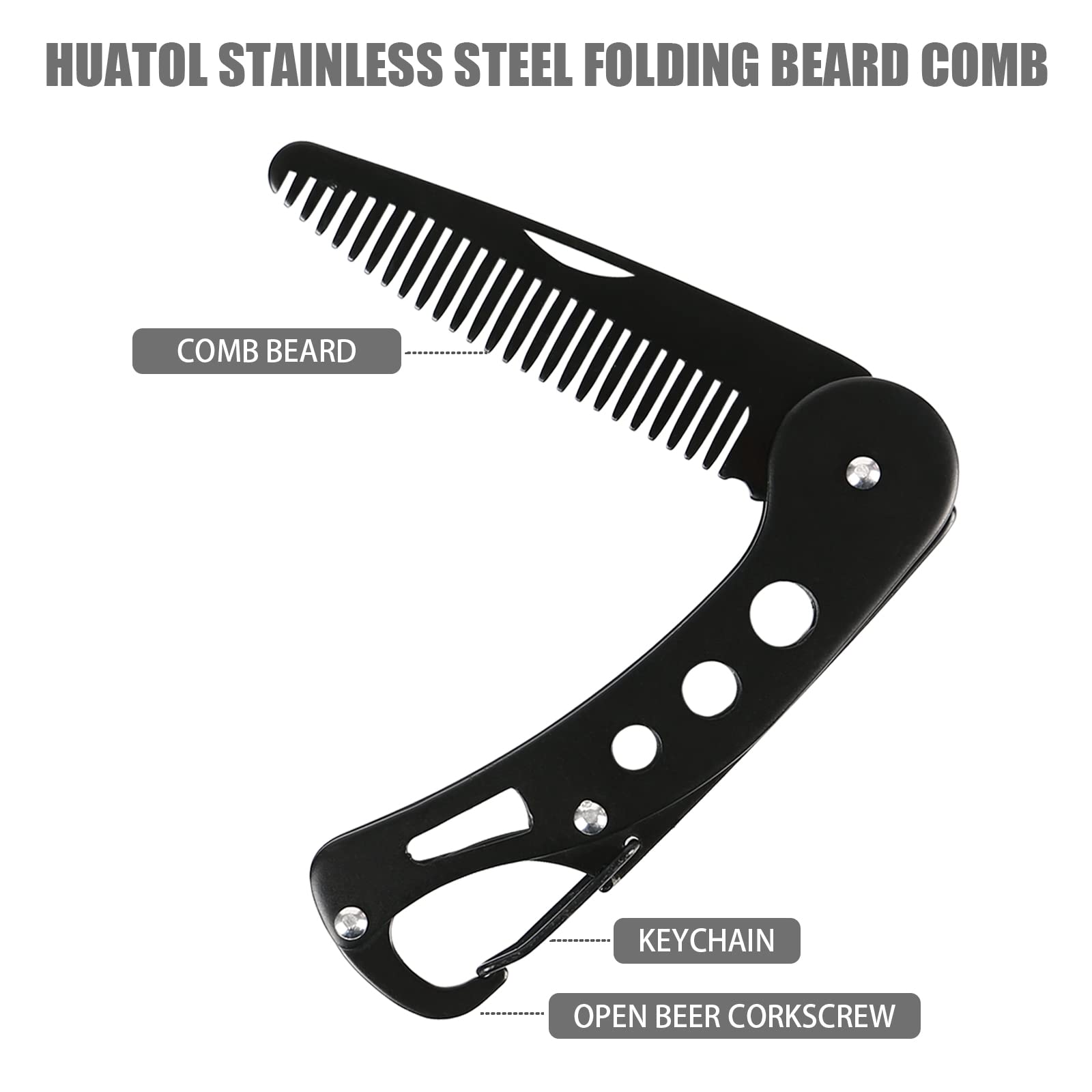 HUATOL Stainless Steel Folding Beard Comb，Portable Bottle Opener and Key Chain for Men Grooming, Combing Hair and Beard