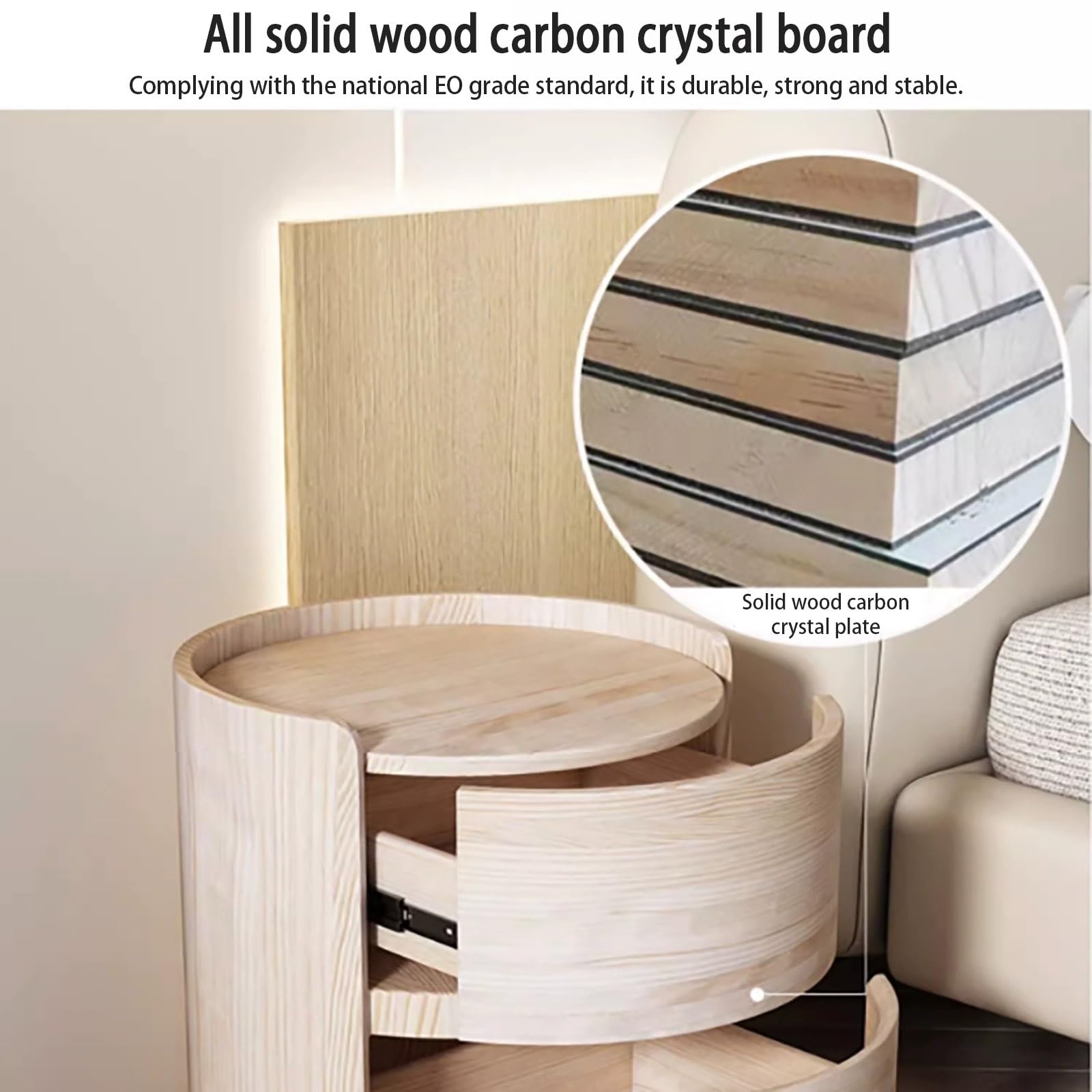 Modern Minimalist Bedroom Solid Wood White Bedside Table, Round Bedside Table with Storage Drawers, Bedroom Side Table, Chest of Drawers, Wooden Bedside Table, Mini Bedside Table, Storage Cabinet (Co
