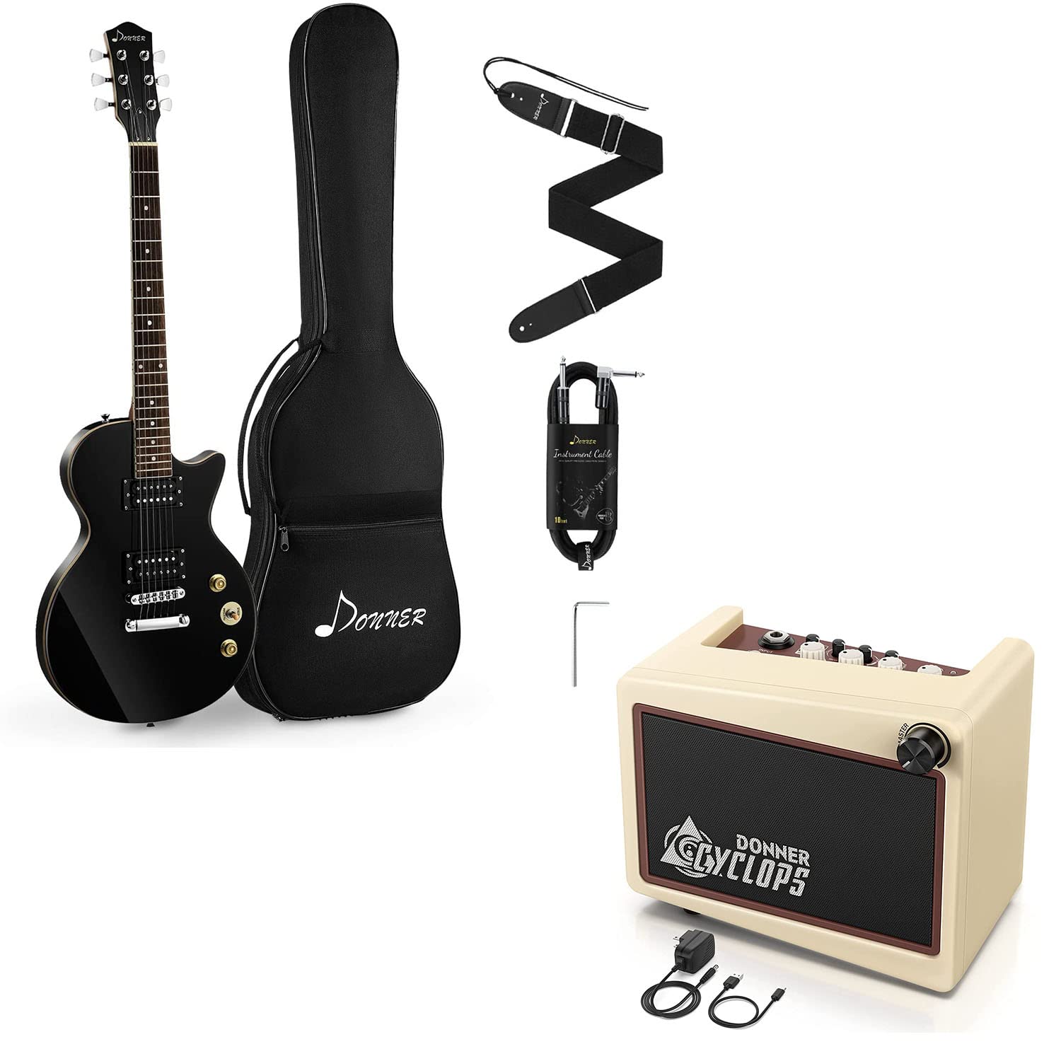 Donner Solid Body 39 Inch LP Electric Guitar Kit Black & Mini Guitar Amp, 5 Watt Wireless Small Electric Guitar Amplifier, Cyclops Guitar Combo Amp with 7 Amplifier Models 3 Types of Effects: Mod, Del