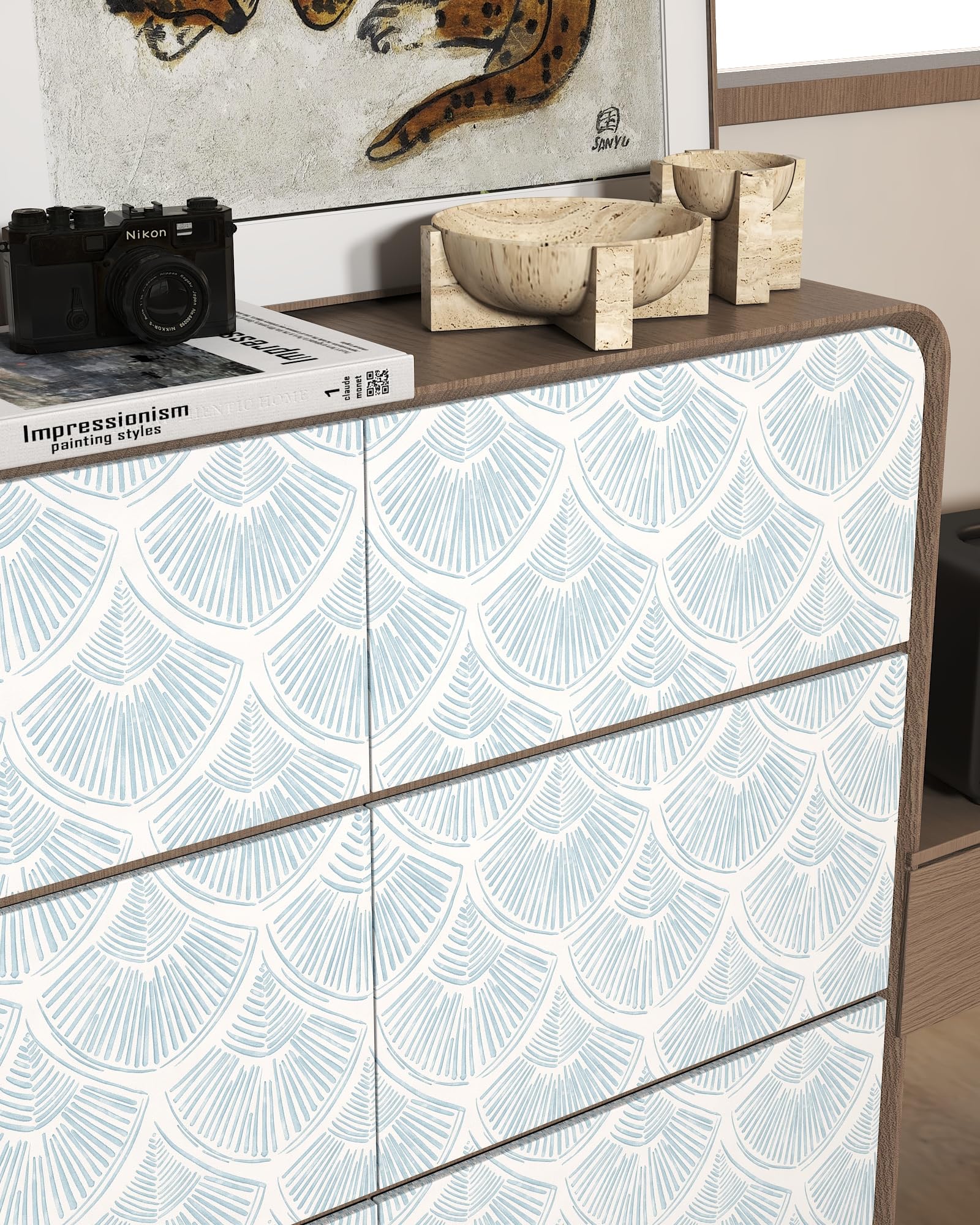Modern Peel and Stick Wallpaper 17.3''×78.8'' Self Adhesive Wallpaper Blue and White Decorative Contact Paper Boho Removable Wall Paper for Bedroom Waterproof Wallpaper Bathroom Cabinets Decor Vinyl
