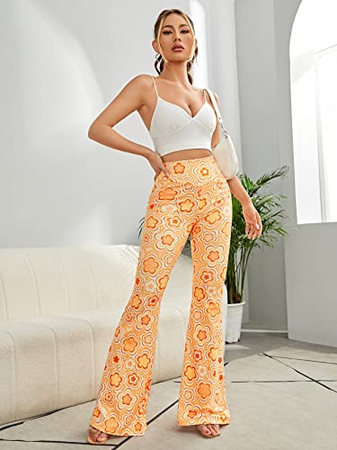 WDIRARA Women's Heart Print Elastic High Waist Flare Leg Stretch Casual Pants Floral Multicolor S