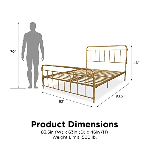 DHP Winston Metal Platform Bed with Rustic Design and Curved Edge Headboard and Footboard, Adjustable Base Height for Underbed Storage, No Box Spring Needed, Queen, Gold
