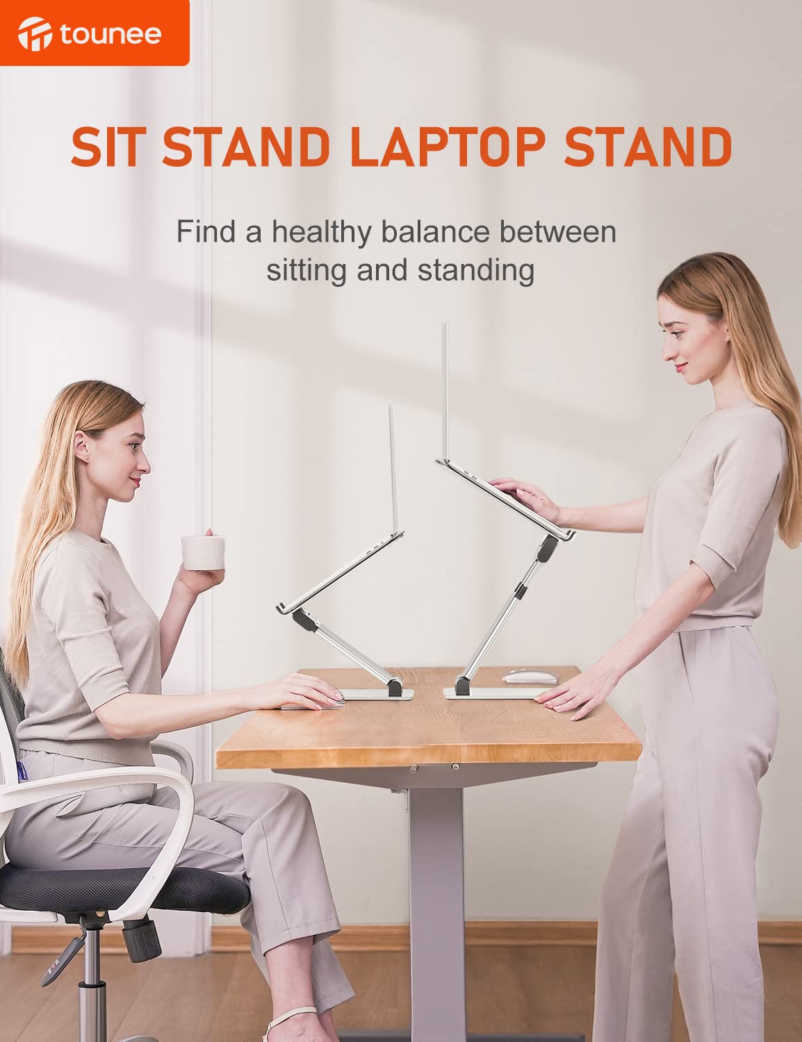 Ergonomic Laptop Stand for Desk, Sit to Stand Laptop Riser, Adjustable Height up to 21", Standing Computer Stand, Promote Healthy Posture Compatible with MacBook Air Pro, All Laptops 10-17"-Silver