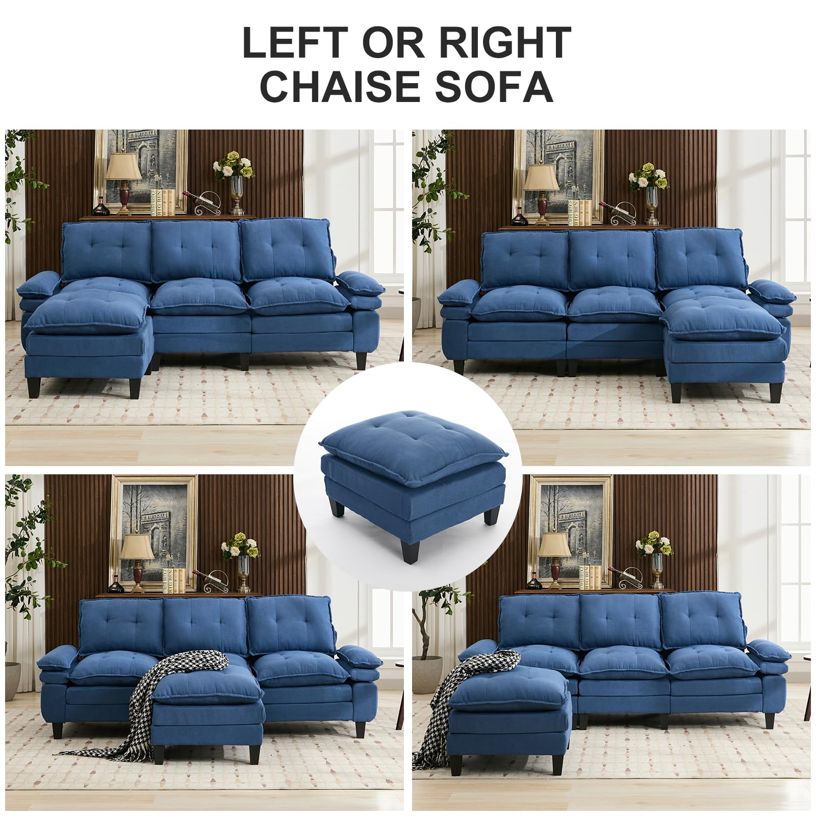 Modern Sectional Cloud Couch Deep 3-Seat, L Shape Sofa Couch with Moveable Ottoman, Adjustable Wide Arm, Comfy Upholstered Sleeper Sofa for Living Room and Small Apartments, Office