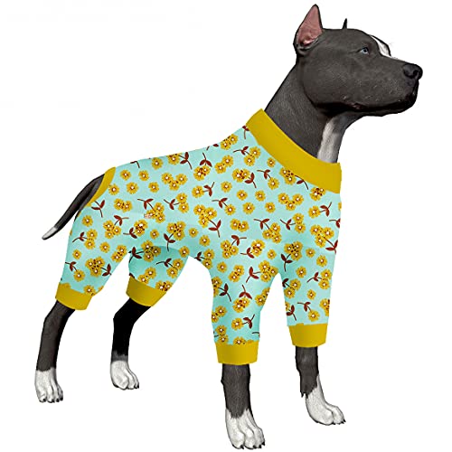 LovinPet Large Dog Pajamas Pitbull - Pet Anxiety Relief, Sun Protection Dog Pajamas, Comfy Stretchy Fabric, Mint Flower Print, Big Dog Post Surgery Recovery Shirt, Large Breed Apparel,Yellow XL