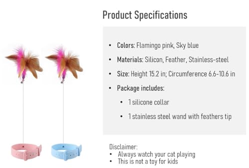 KOTYA Cat Teasing Wand Silicone Collar Hands Free Toy with Bell and Feathers (Sky Blue)
