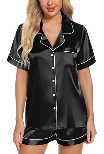 Samring Womens Silk Satin Pajamas Short Sleeve Loungewear Two-Piece Sleepwear Button-Down Pj Set Black L
