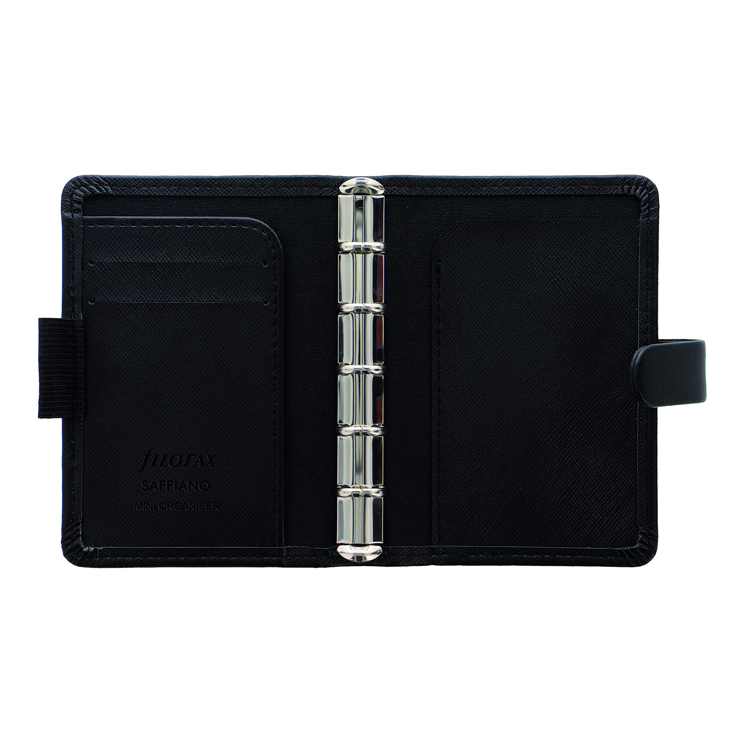 Filofax Saffiano Organizer, Mini Size, Black - Cross-Grain, Leather-Look, Five Rings, Week-to-View Calendar Diary, Multilingual, 2022 (C028771-22)