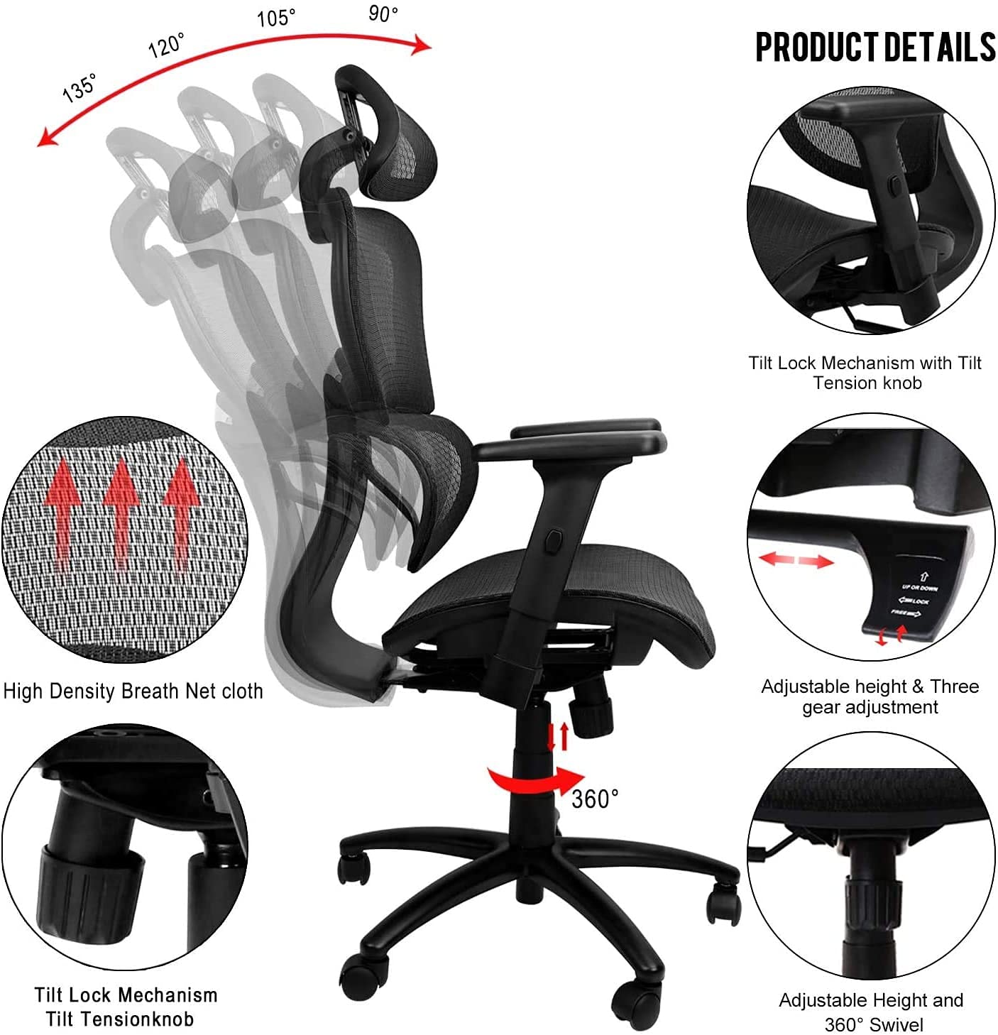 Ergonomic Office Chair High Back Adjustable Height Rolling Swivel Computer Task Chair Reclining Breathable High-Density Mesh Desk Chair with Flip-Up Armrest Rotate Headrest Back Support,Black(300lbs)