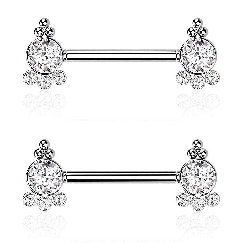 Dynamique 316L Surgical Steel Threadless Push In Nipple Barbell With 4 CZ And Ball Cluster On Each Side (Sold Per Pair Or Per Piece)