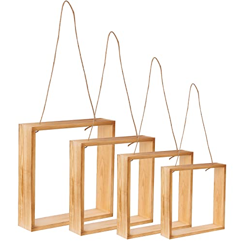 Square Floating Shelves,Rustic Wall Mounted Wood Cube Display Shelf Shadow Boxes,Large Wooden Wall Organizer Hanging Shelf,Home Office Boho Wall Decorations for Living Room Bedroom,Brown,Set of 4