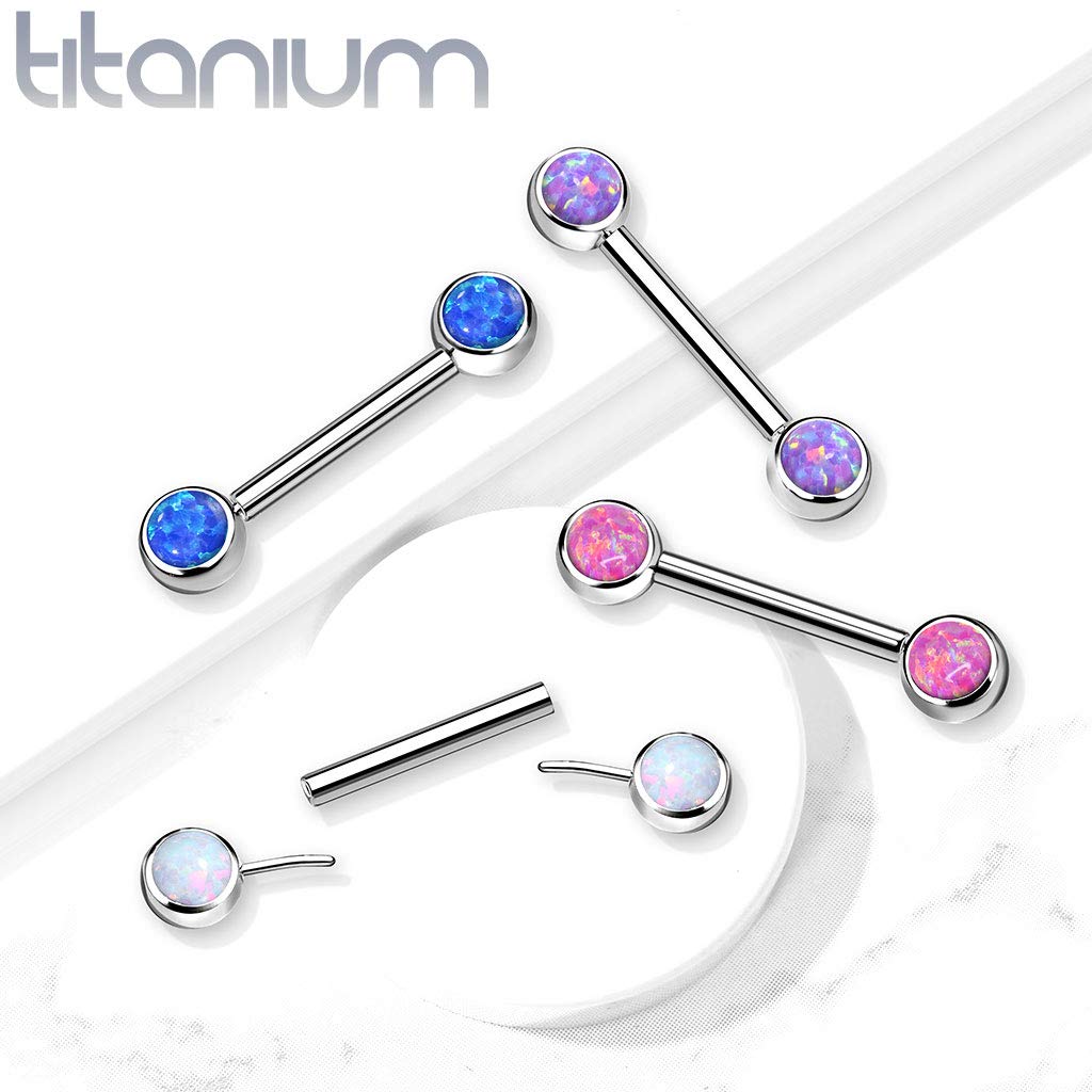 Dynamique Implant Grade Titanium Threadless Push in Nipple Barbell with Opal Bezel Set Forward Facing Flat Tops (Sold Per Pair Or Per Piece)
