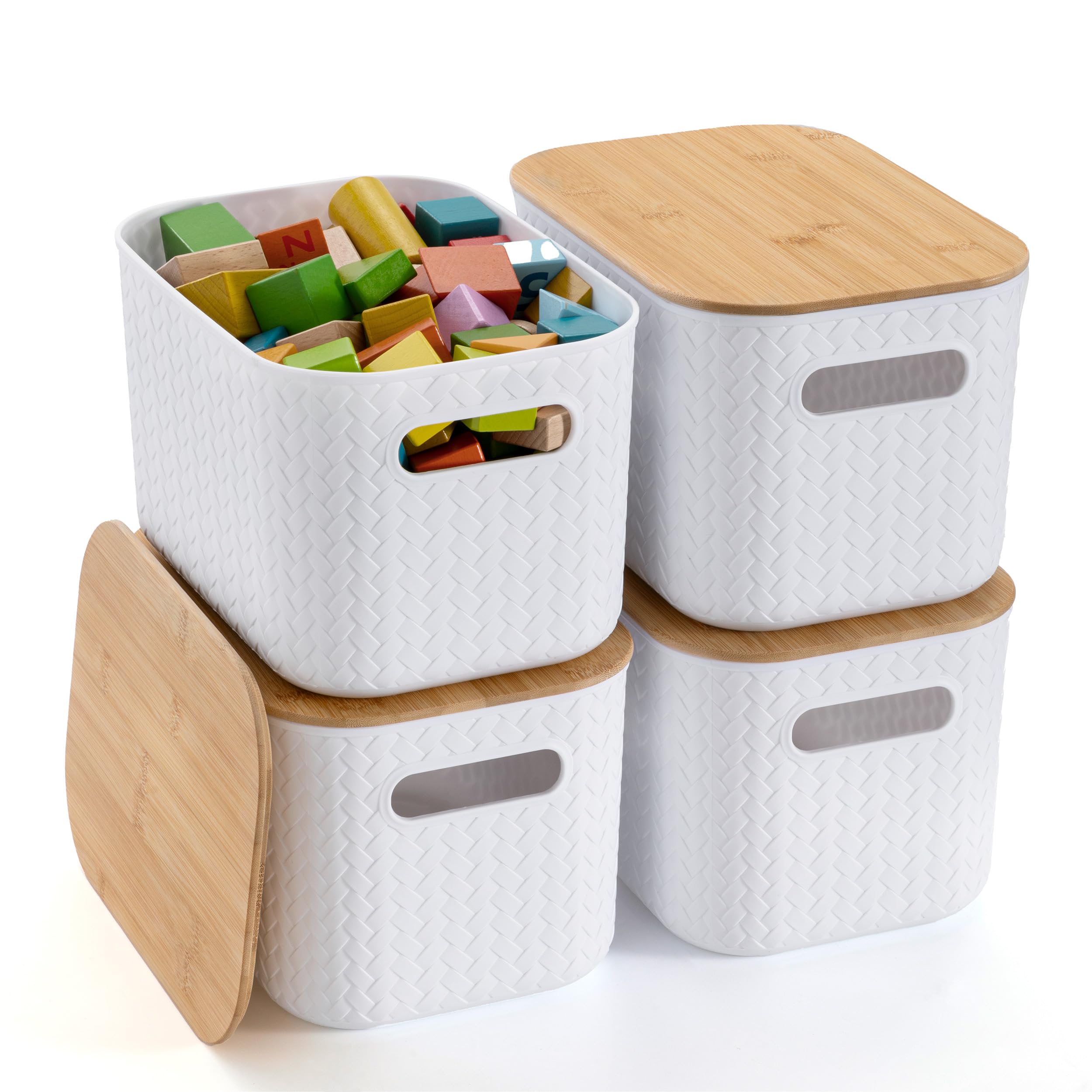 Joypea 4 Packs Stackable Plastic Storage Bins with Bamboo Lids, Clothing Storage Organizers, Storage Boxes and Containers for Pantry, Bashroom, Livingroom and Classroom, White