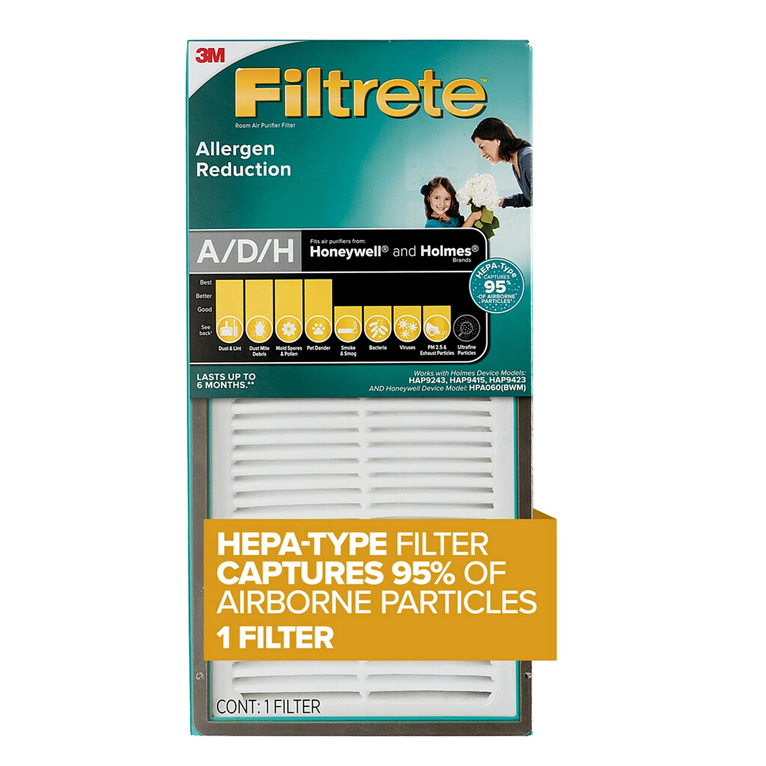 Filtrete Air Purifier Filter, Allergen Reduction HEPA-Type Air Filter, 4-Pack, Size 9.96 in. x 4.69 in., Works with Filtrete FAP-TT-ADH device