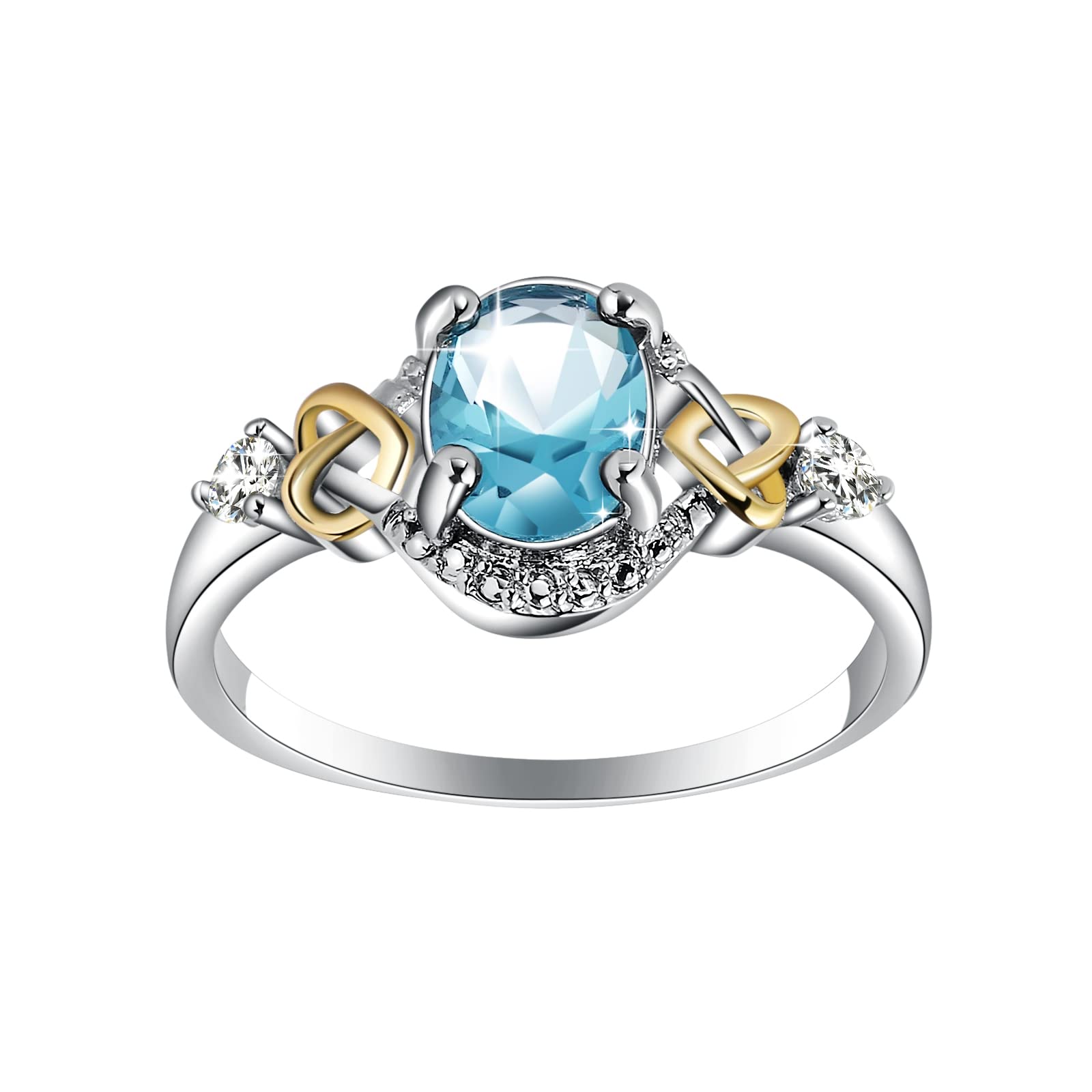 Daesar Womens Engagement Rings, 18K White Gold Plated Ring For Women Oval Blue Cubic Zirconia Wedding Ring Knot Heart Ring Size 7