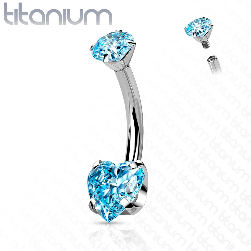 Dynamique Implant Grade Titanium Prong Set Heart CZ And Internally Threaded Round CZ Top Belly Button Rings (Sold Per Piece)