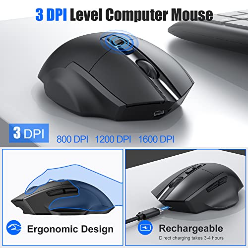 Ergonomic Wireless Keyboard and Mouse, 2.4G Rechargeable Full Size Keyboard Mouse Set with Wrist Support Mouse Pad , Multi-Device, Windows/Mac/Android(Black)