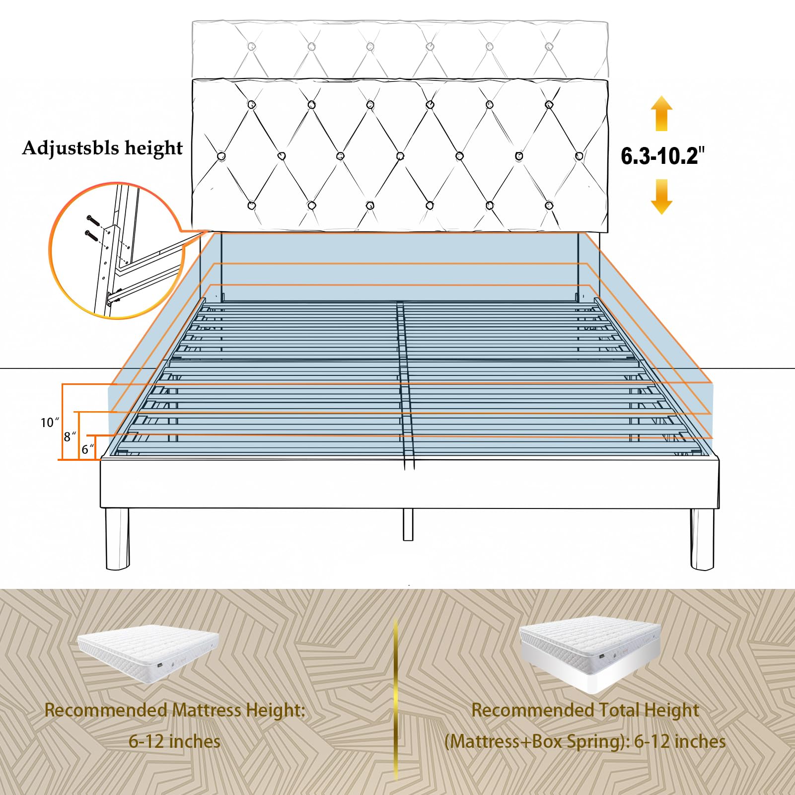 Mhjinuwet Queen Size Bed Frame, Velvet Upholstered Platform with Headboard, Easy Assembly, No Box Spring Needed, Non-Slip and Noise-Free with Strong Wooden Slats (Beige, Queen (U.S. Standard))