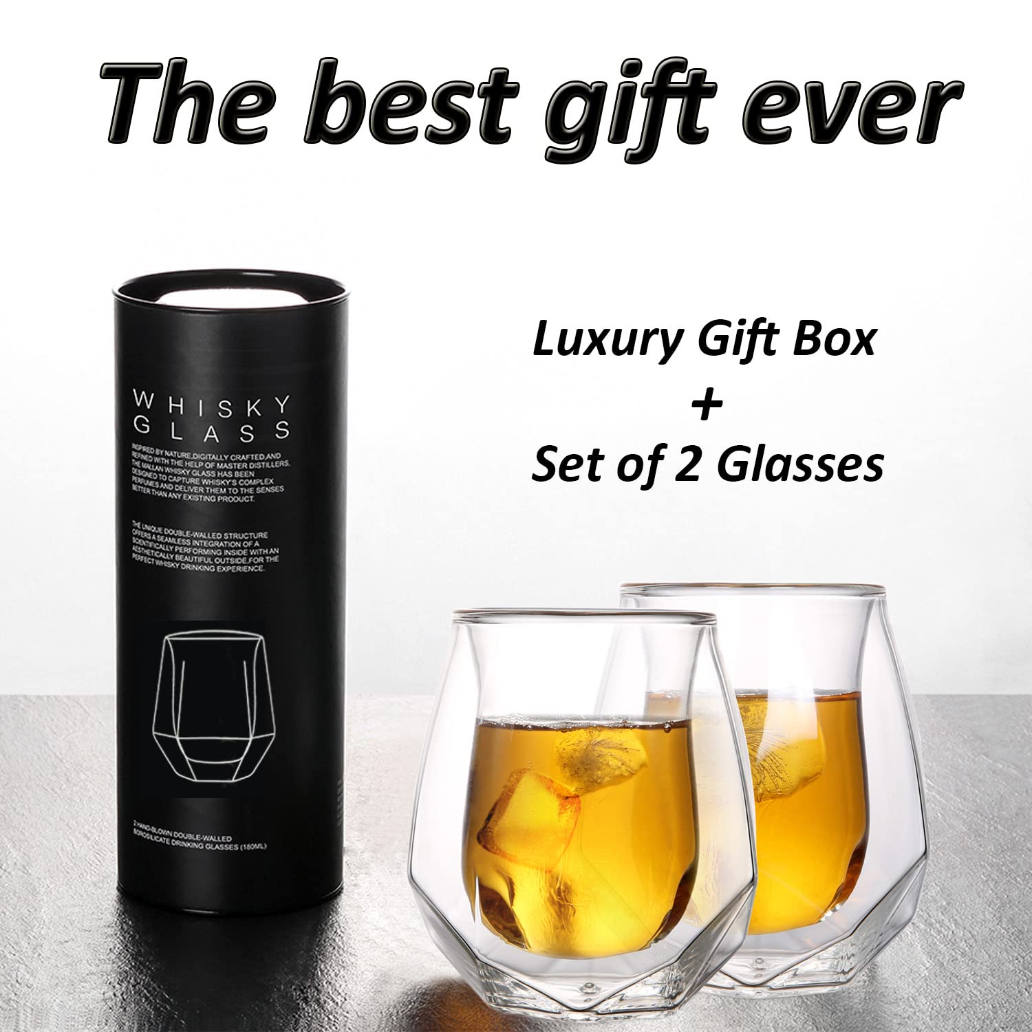 Gootus Whiskey Glass Set of 2 - Scotch Bourbon Glasses for Men, Hand Blown Double Walled Old Fashioned Glass with Premium Gift Box
