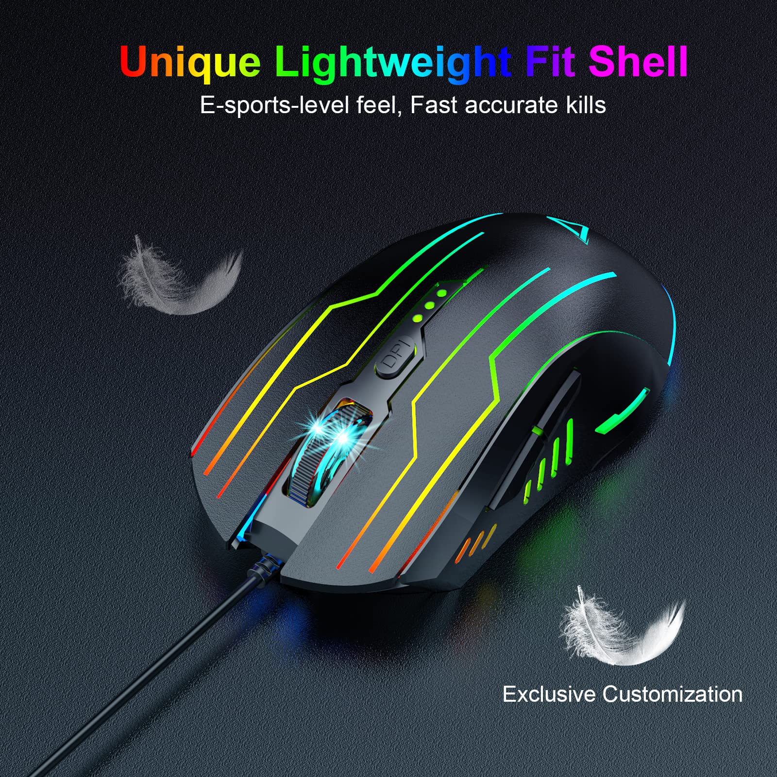 GK-XLI RGB USB Gaming Mouse, Wired with Chroma Backlight Mode, Adjustable High-Precision DPI Ergonomic Mice For PC, Computer, Laptop for Gamers