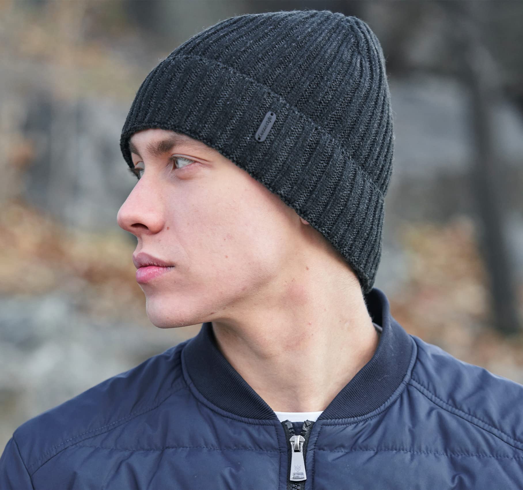 Connectyle Outdoor Classic Bassic Men 's Warm Winter Hats Thick Knit Long Cuff Beanie Cap with Lining, 55 60cm, Black