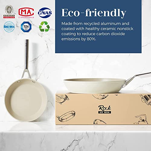 ROCKURWOK 3 Pcs Frying Pan Set, Hard Ceramic Nonstick Cookware Set, 8in/10in Omelet Pan, 12in Skillet, Inducton, Dishwasher & Ovens Safe, Free of PFAS & PTFE, White