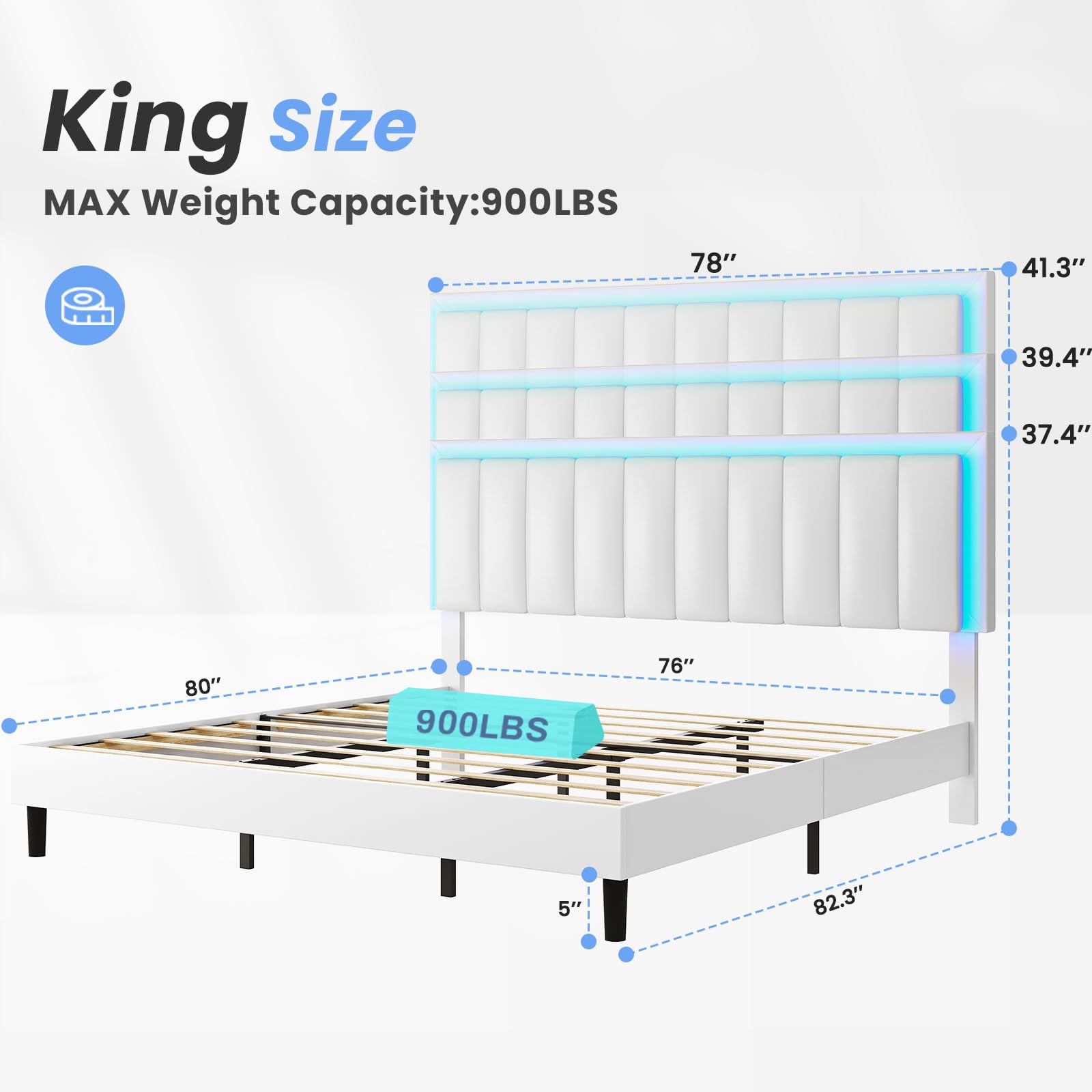 DICTAC Bed Frame King Size with Led Lights and USB Ports Modern King Size Upholstered Platform Bed Frame with Adjustable Headboard Faux Leather Led King Bed Frame,No Noise,No Box Spring Needed, Black