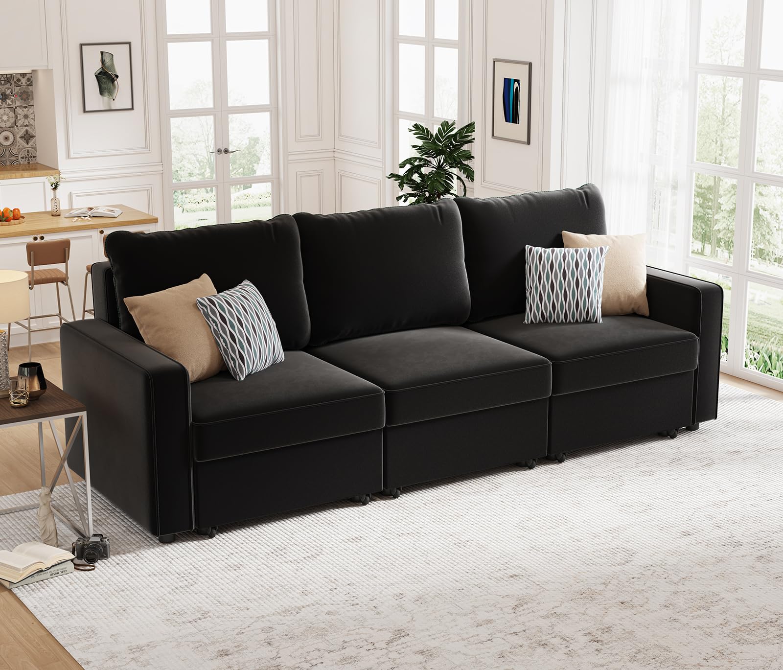 Modular Sectional Sofa, 91 Inch Comfy Sofa, 3 Seater Sofa with Storage Space, Sleeper Sofa, Cloud Couch, Modern Sofa for Living Room, Velvet, Black