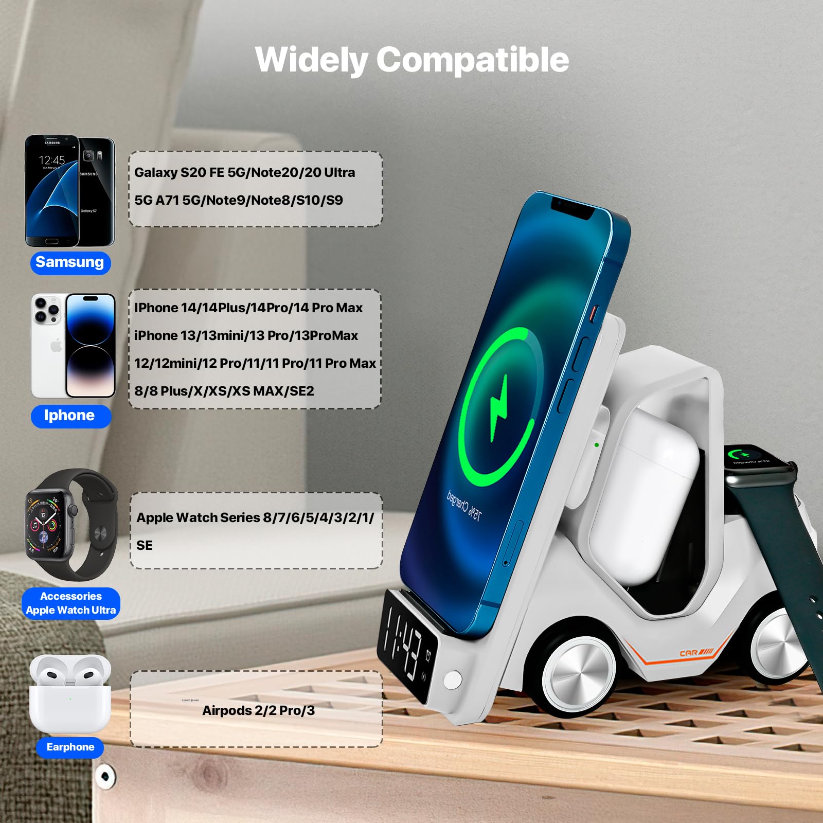 Diecallan 5 in 1 Wireless Charging Station 20W Adapter Fast Wireless Charging Apple Devices for iPhone 15/14/13/12 Series for AirPods Pro/3/2 for Apple Watch/iWatch Support Alarm Clock Night Light