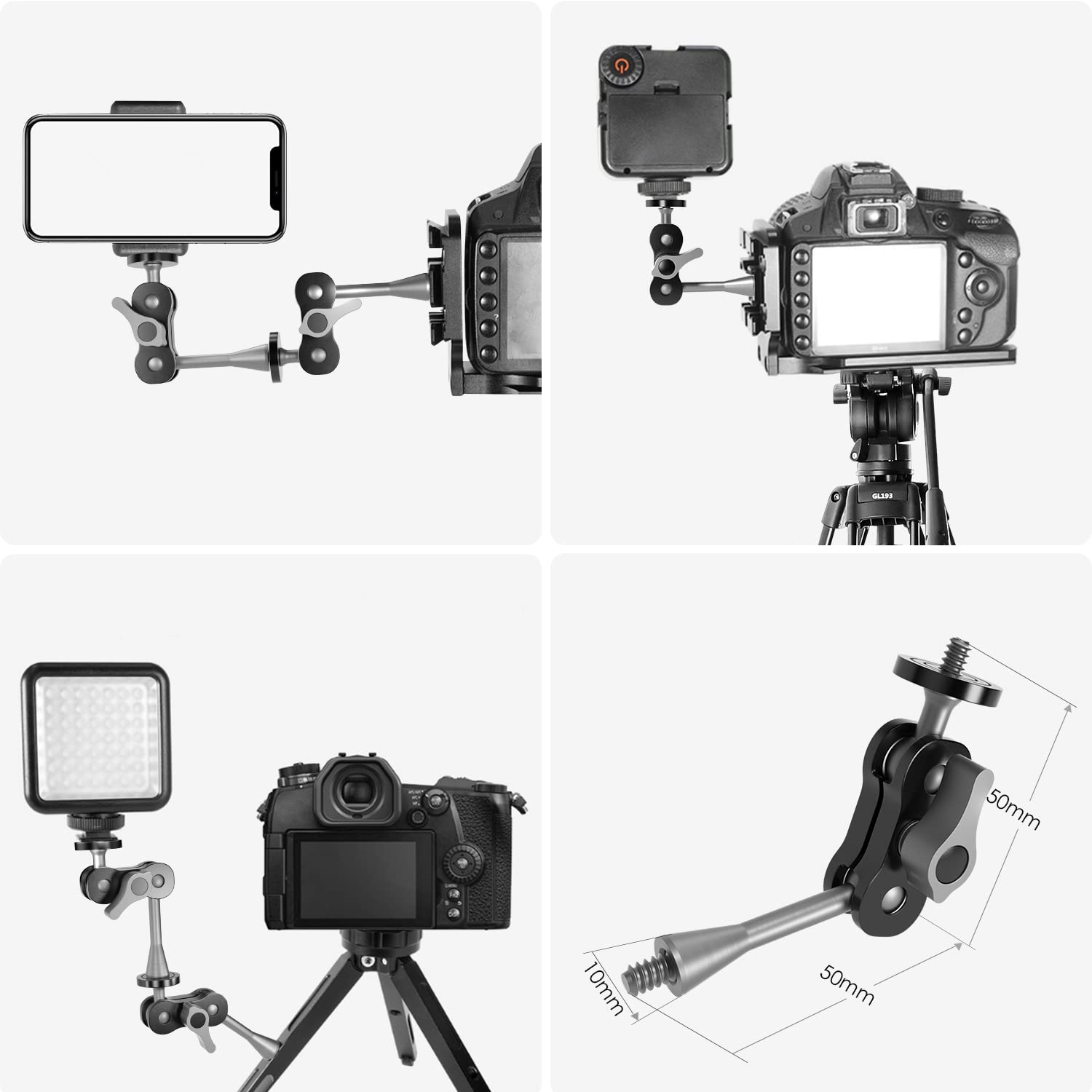HTURS MA95 Tripod Magic Arm with Dual Ball Head, Attached & Adjustable Mini Magic Arm 1/4" Screw for Monitor, Microphone, LED Video Light, Shoting Device