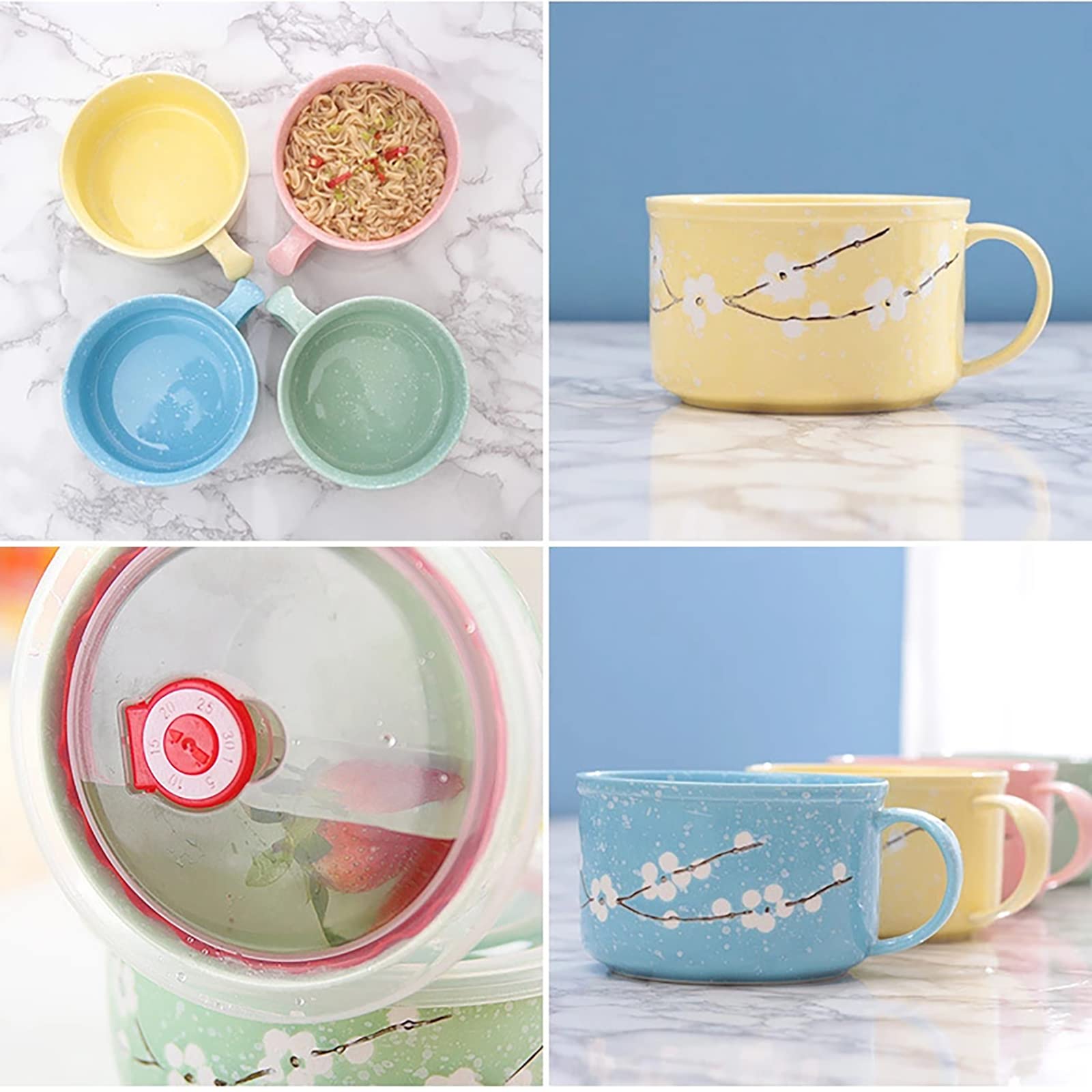 GQHNLUP 4 Pack 30oz Ceramic Bowl with Lid and Handle,Cherry Blossoms Among Snow Flake Pattern,Floral Handpainted Stoneware Bowl for Microwave Dishwasher