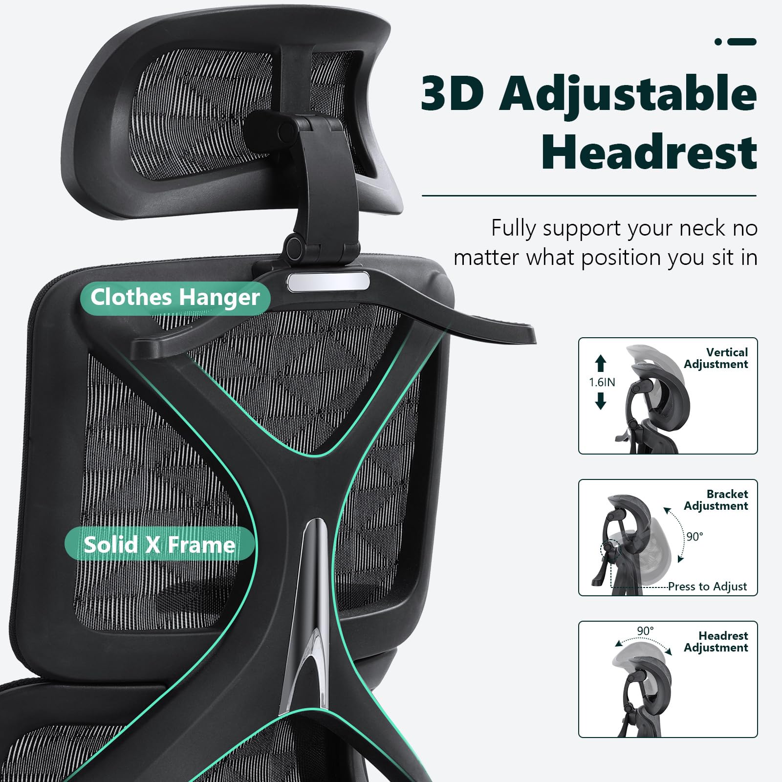 Ergonomic Office Chair, High Back Mesh Executive Chair with Lumbar Support, Adjustable Seat Depth, 3D Armrest & Headrest, Comfy Computer Desk Chair with Metal Base, for Gaming, Hotel, Black
