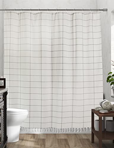 SUMGAR Cotton Shower Curtain Boho Farmhouse Shower Curtains for Bathroom with Tassels & Hooks, White Fabric Grey Checkered Bohemian Fringe Shower Curtain Set, 72" x 72"
