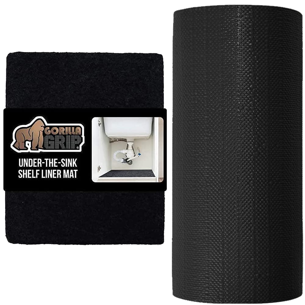 Gorilla Grip Under Sink Mat and Smooth Drawer Liner, Under Sink Mat Size 24x24, Absorbent Mat for Below Sinks, Drawer Liner Size 17.5x20, Non Adhesive, Both in Black, 2 Item Bundle