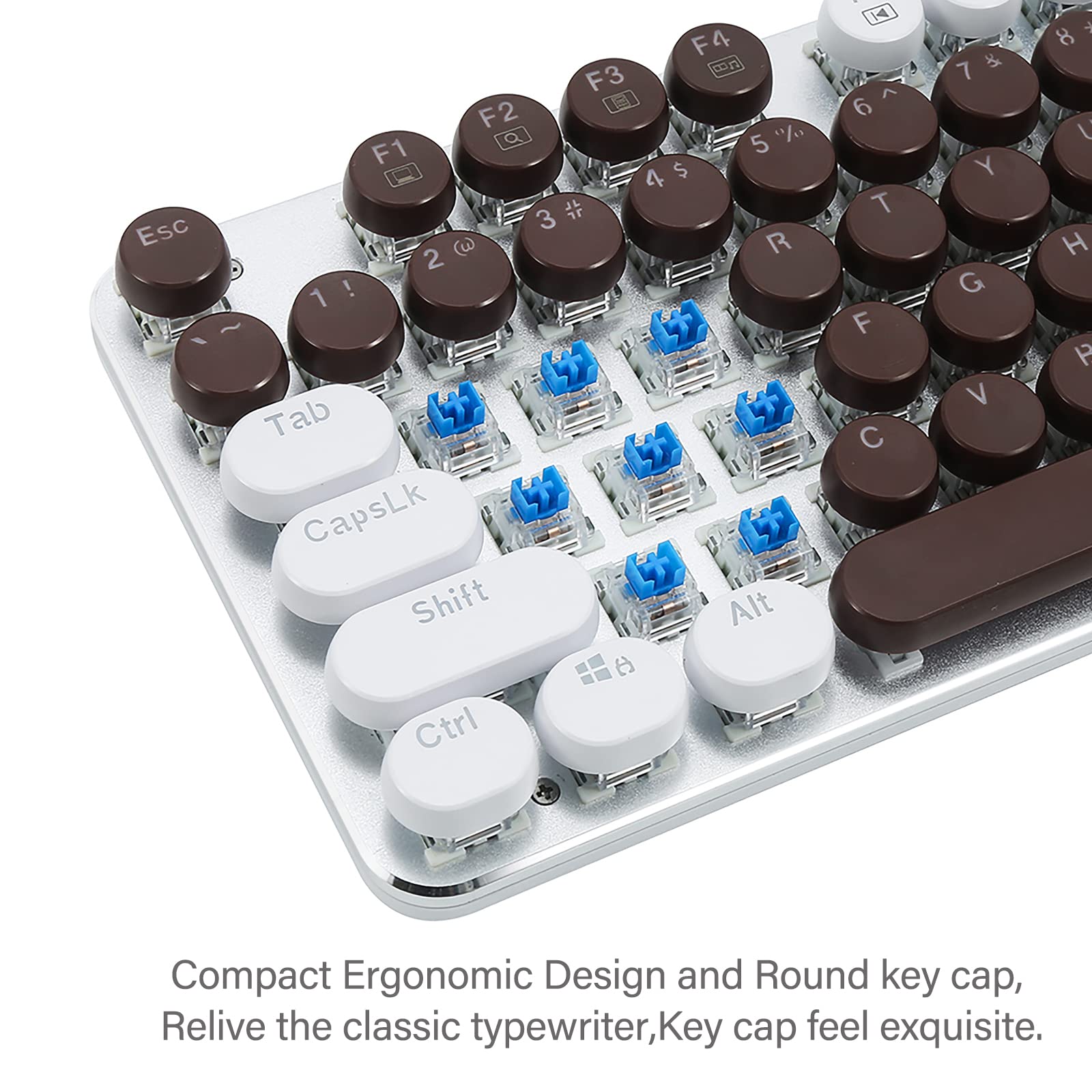 DEANEEK Typewriter Style Mechanical Keyboard 87 Key Retro Punk Round Keycap LED Backlit USB Wired Gaming Keyboards with White LED Backlit, Round Keycaps for Windows/Mac/PC (Blue Switch)