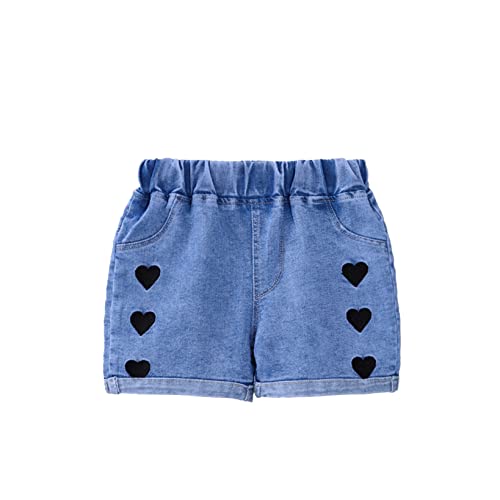 QinCiao Baby Toddler Girls Roll Hem Denim Shorts Elastic Waist Embroidery Bottoms Jeans Hot Pants Heart 18-24 Months