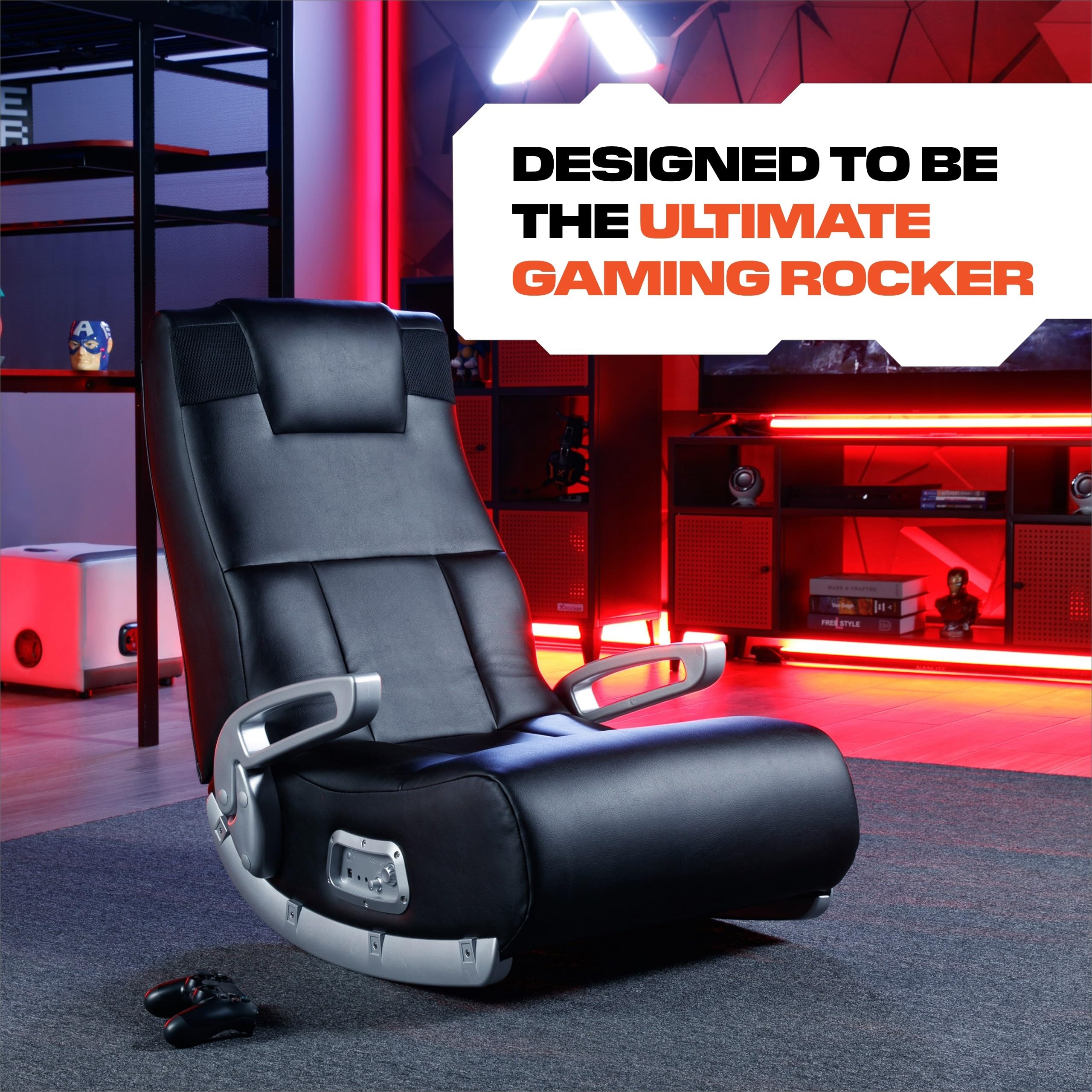 X Rocker SE II Leather Lounging Video Gaming Floor Chair, with Wireless Audio Transmission, 2 Speakers, Subwoofer, Armrest, Foldable, 5143601, 22.64" x 33" x 35", Amazon Exclusive, Black