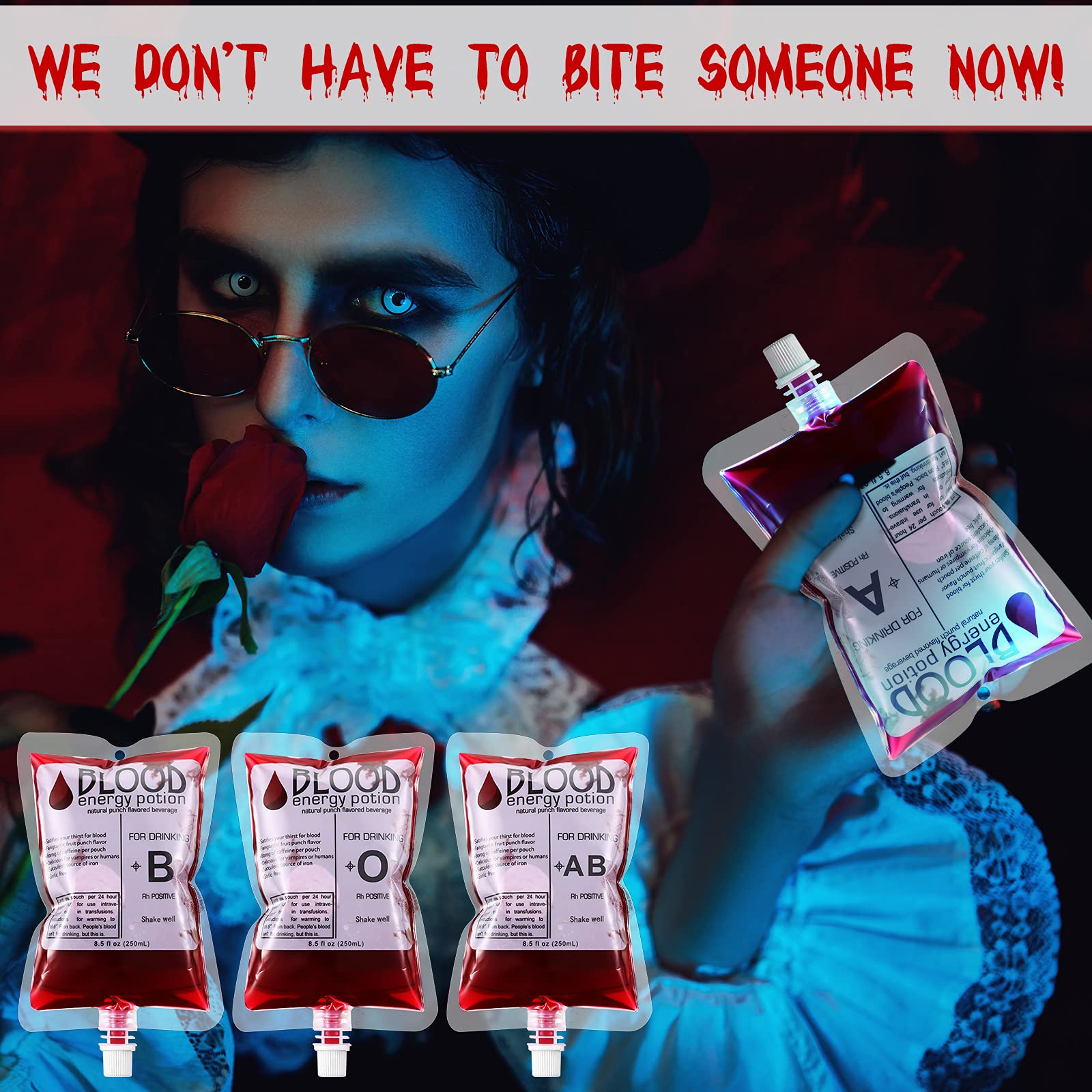 Nuenen 32 Pcs Halloween Blood Bags for Drinking, Vampire Party Drinking Pouches, Juice Puree Bag Reusable Energy Drink Container 8.5oz with Cap for Nurse Graduation Party