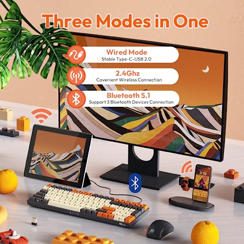 RK ROYAL KLUDGE RK100 Wireless Mechanical Keyboard, Bluetooth5.1/2.4G/Wired 96% Full Size 100-Key Hot Swappable Gaming Keyboard with 3 USB Ports, Red Switch for Mac Windows, Carbon