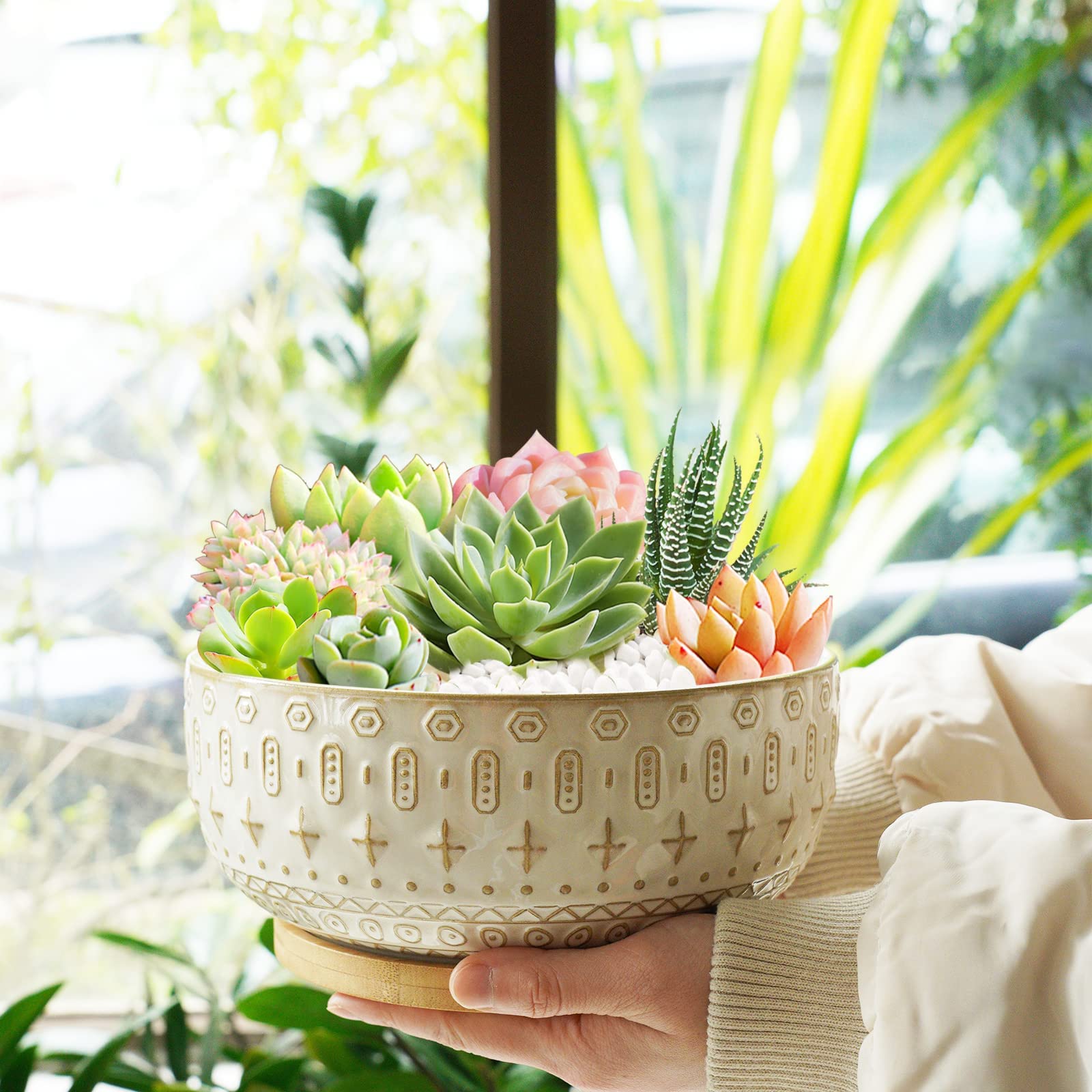 Fivepot 10+8 Inch Ceramic Succulent Planter Pots with Drainage Hole Clay Flower Pot for Indoor Plants Round Shallow Bonsai Pot with Bamboo Tray White