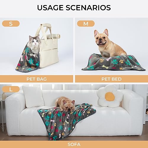 Luciphia 1 Pack 3 Blankets Fluffy Premium Fleece Pet Blanket Flannel Paw Bone Printed Throw for Dog Cat(Small 23x16'', Grey/Brown/Blue)