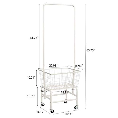 Rolling Laundry Hamper Basket Cart with Wire Storage Rack and Hanging Rack White