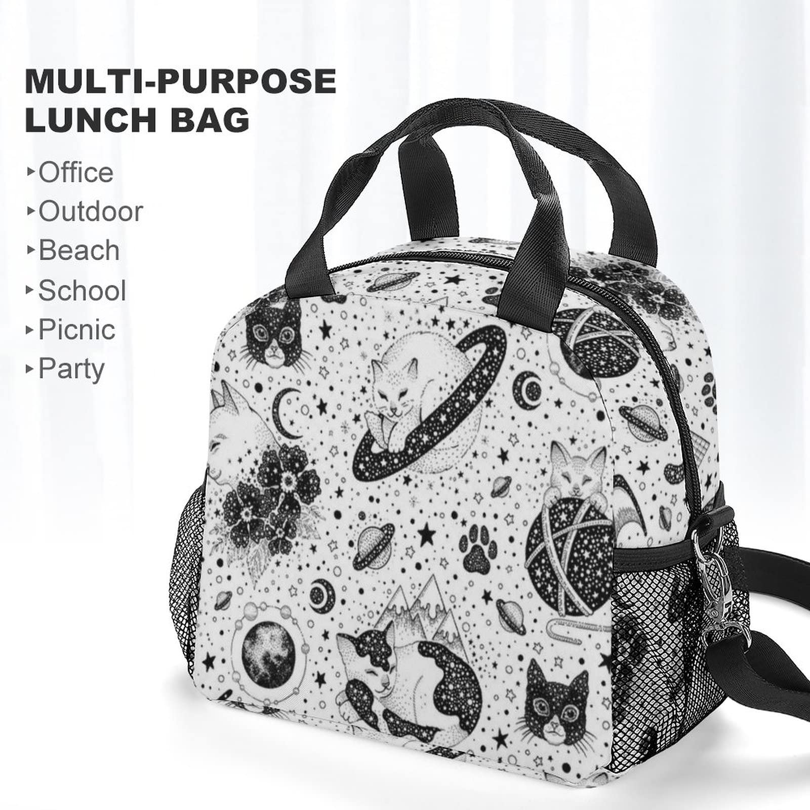 Goth Cat Galaxy Lunch Bag, Lunch Box Portable Insulated Lunch Tote Bag, Thermal Cooler Bag for Women Work Outdoor