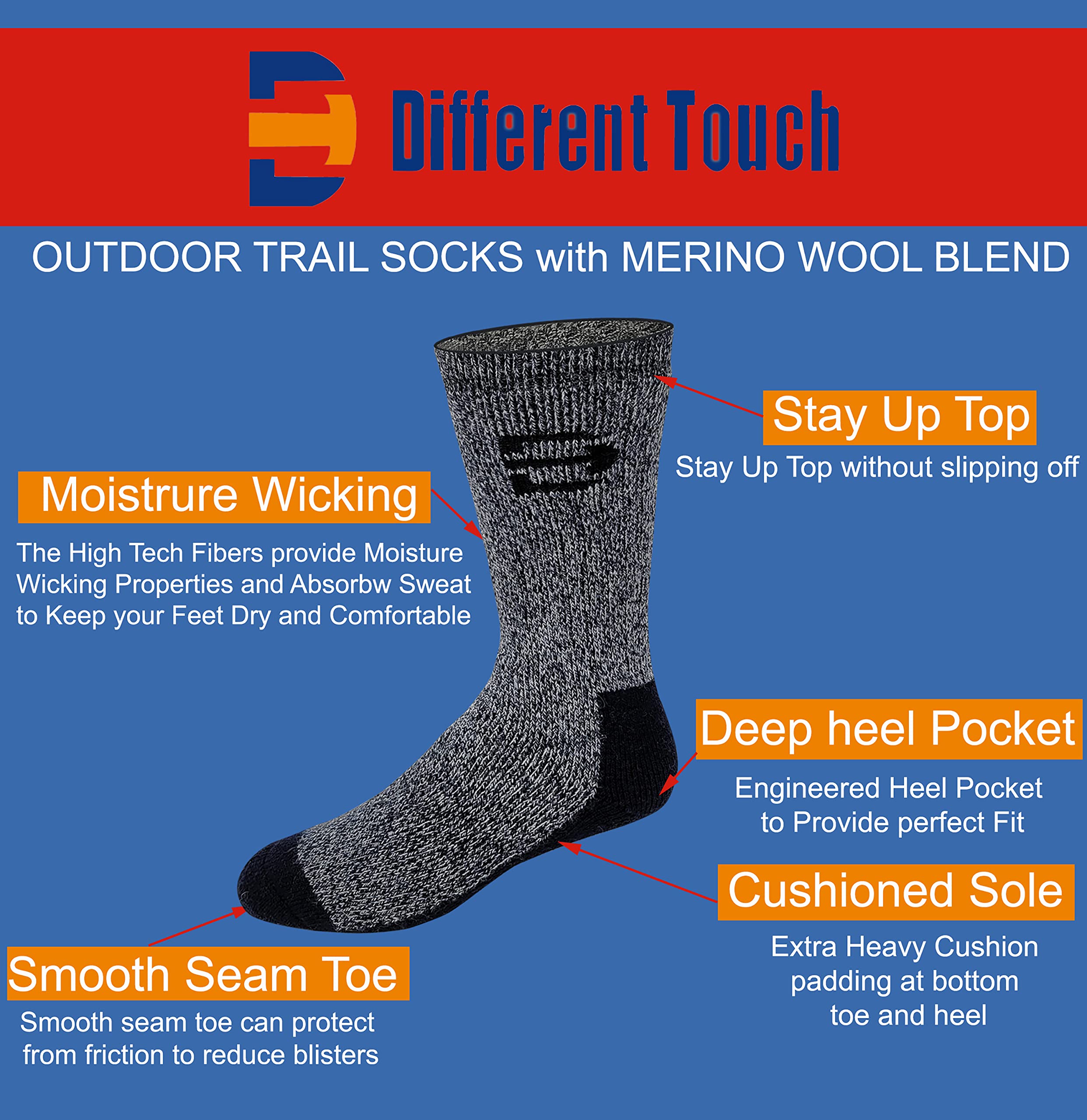 Different Touch Men's Heavy Weight Merino Wool Comfort Hiking Boot Socks(2 pack) (10-13, Black/Grey)