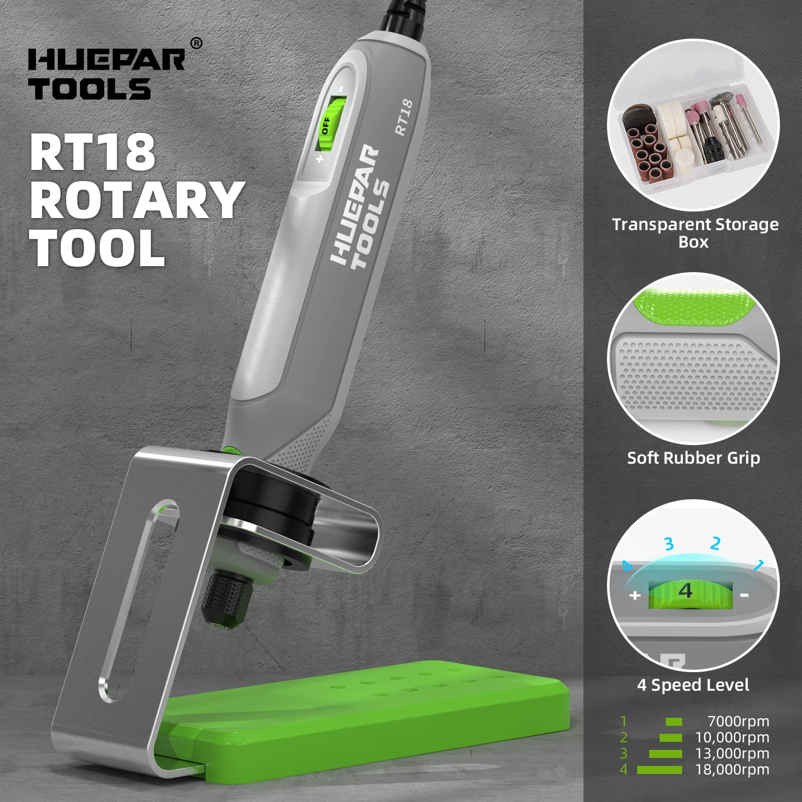 Huepar Tools Rotary Tool kit, Rotary Tool Set with Stand, 51 PCS Accessories(Keyless Chuck), 4 Variable Speed18,000RPM, Ideal for DIY, Woodwork & Hobby Craft, Dremel Compatible - RT18