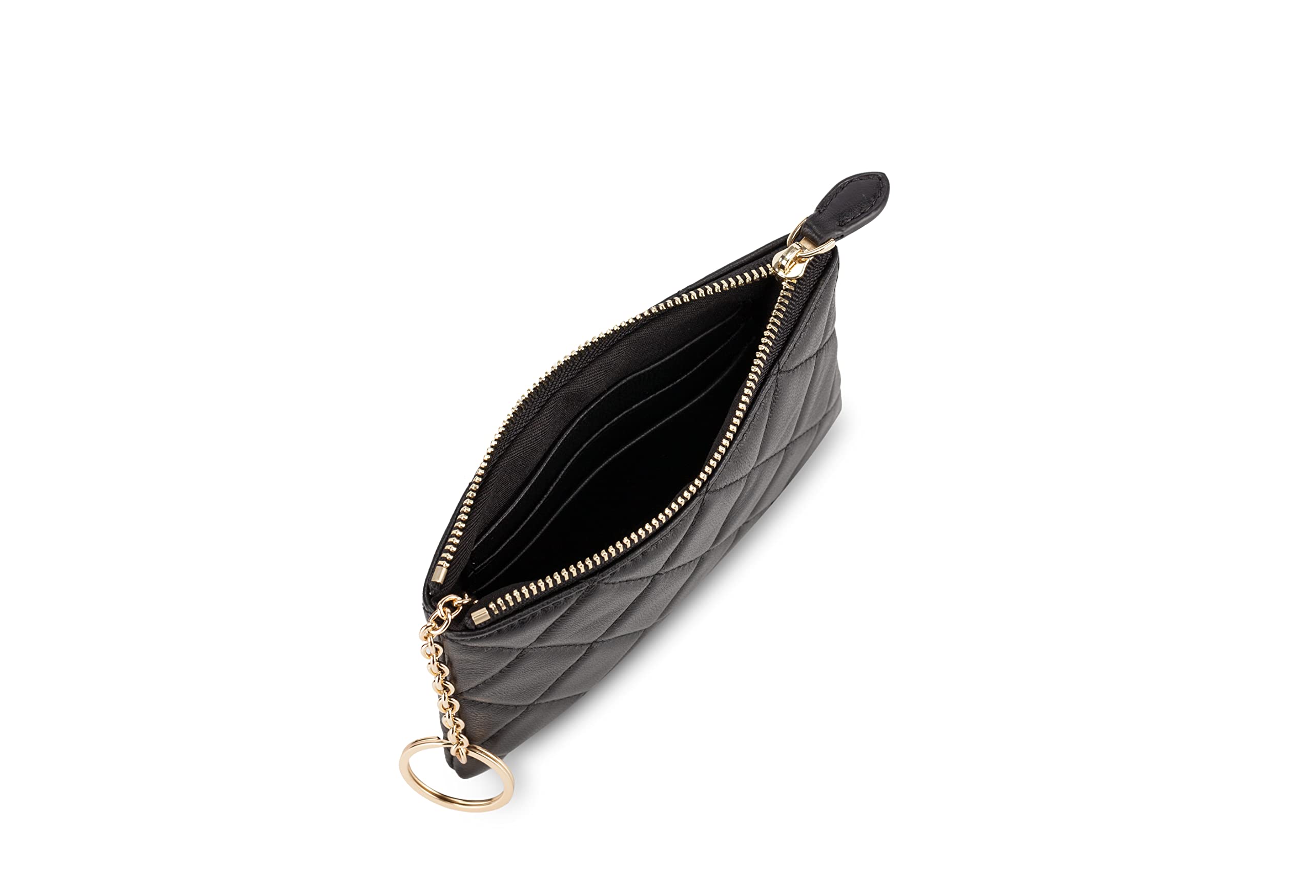 DORIS&JACKY Soft Lambskin Leather Coin Purse Small Quilted RFID Blocking Top Zipper Wallet With Keychain (Black)