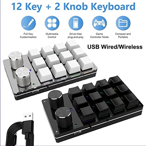 Jteyult Cable USB Macro Mini Keyboard 12 2 Knob Programming Keypad Hot-Swap Customization Gaming Mechanical Keyboard(Black)