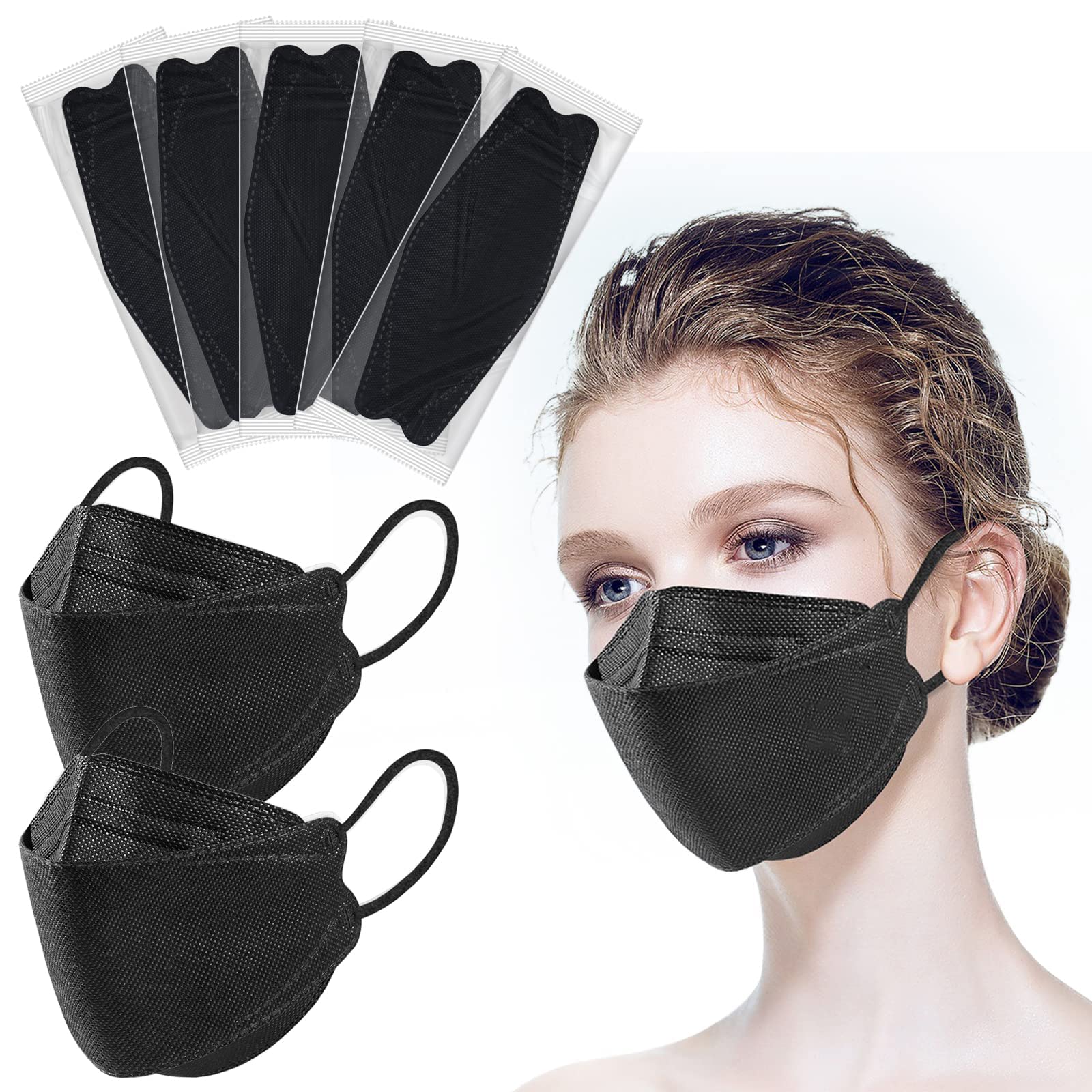 Hubbide 100Pcs Black KF94 Masks, Individually Wrapped 3D Fish Type Masks for Adult, 4 Layer Protective Face Mask