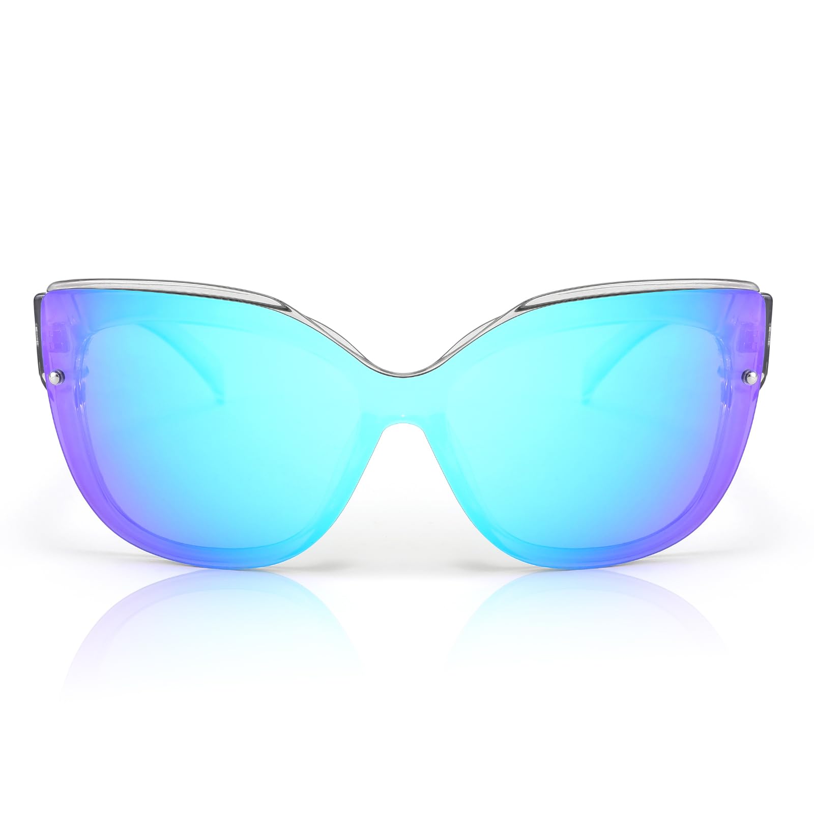 FEISEDY Cat Eye Sunglasses Polarized for Women Men,Rimless Mirrored Sunglasses, Oversized, Trendy Retro Sun Glasses B2796 Transparent Grey/Blue Mirror