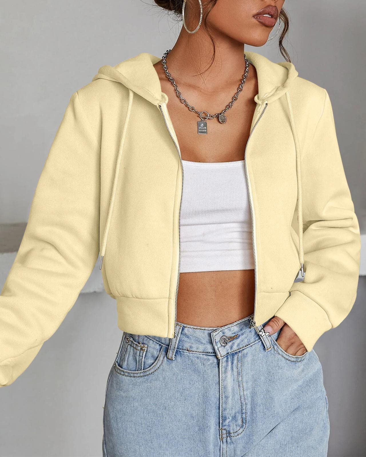 Fessceruna Women Hoodies Zip Up Drawstring Casual Long Sleeve Basic Cropped Sweatshirt
